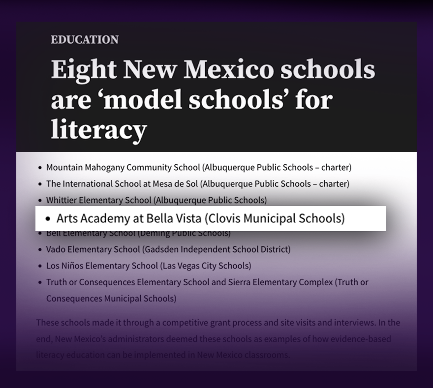 ARTS ACADEMY AT BELLA VISTA NAMED NEW MEXICO MODEL SCHOOL FOR LITERACY ...